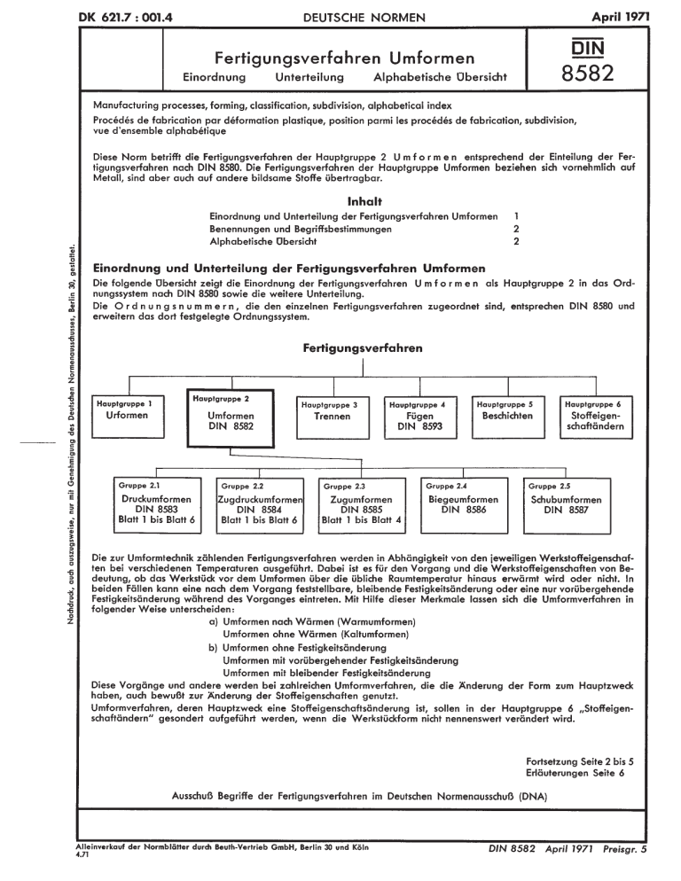 DIN 8582: Fertigungsverfahren Umformen - Einordnung, Unterteilung, Index