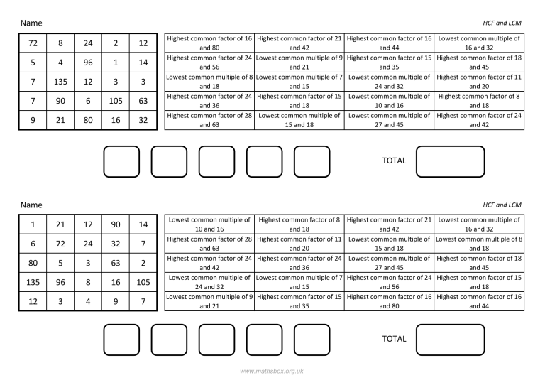 HCF and LCM Worksheet: Math Practice