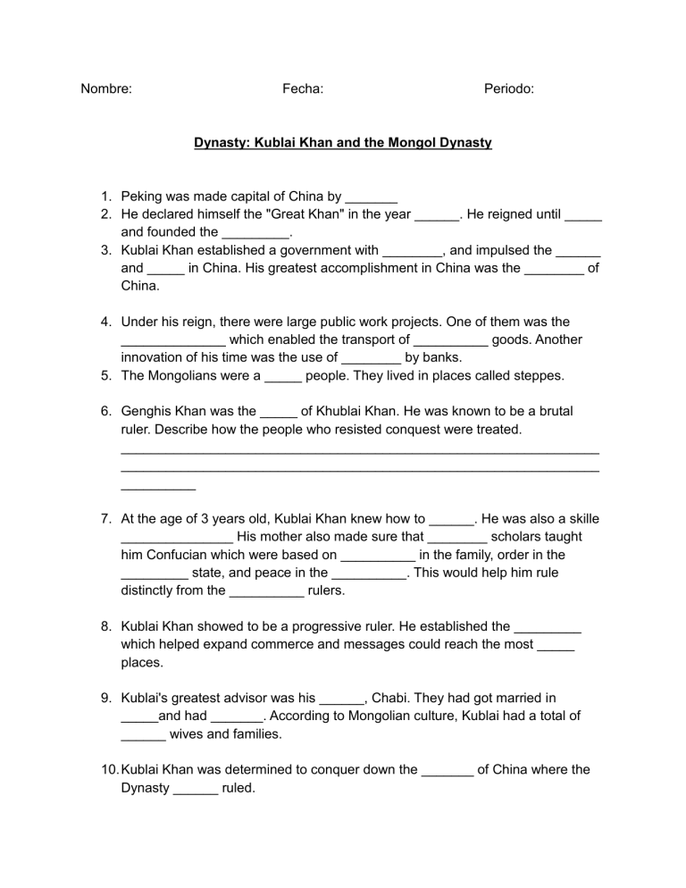 Kublai Khan & Mongol Dynasty Worksheet: History Study Guide