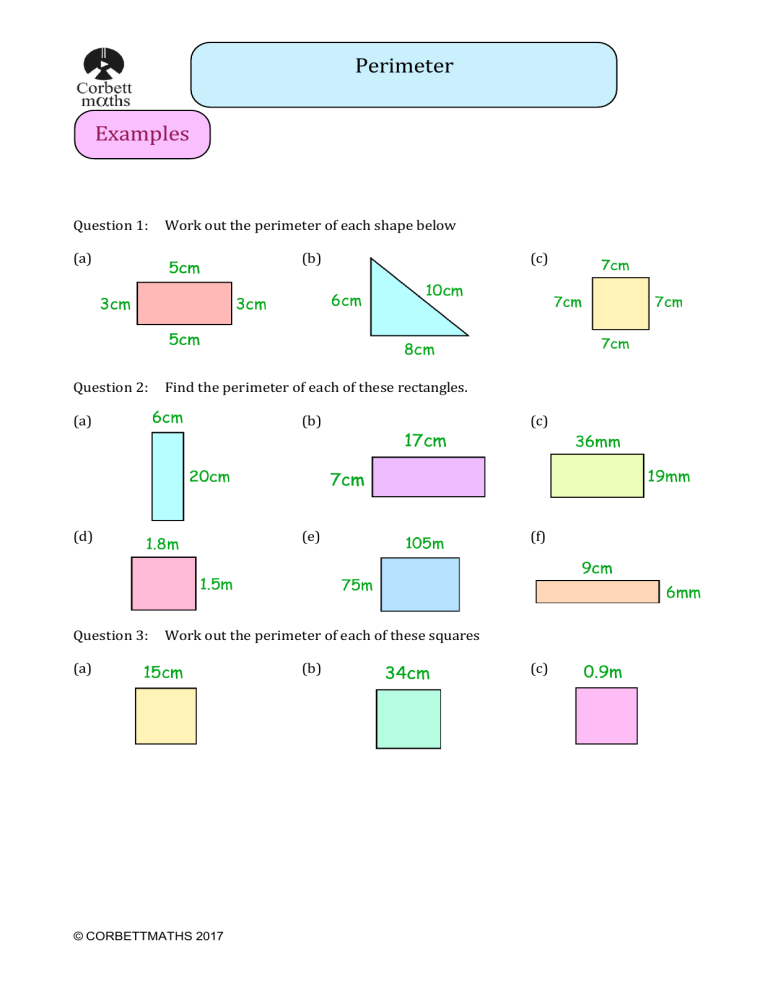 Perimeter Worksheets & Practice Questions | Corbettmaths 2017