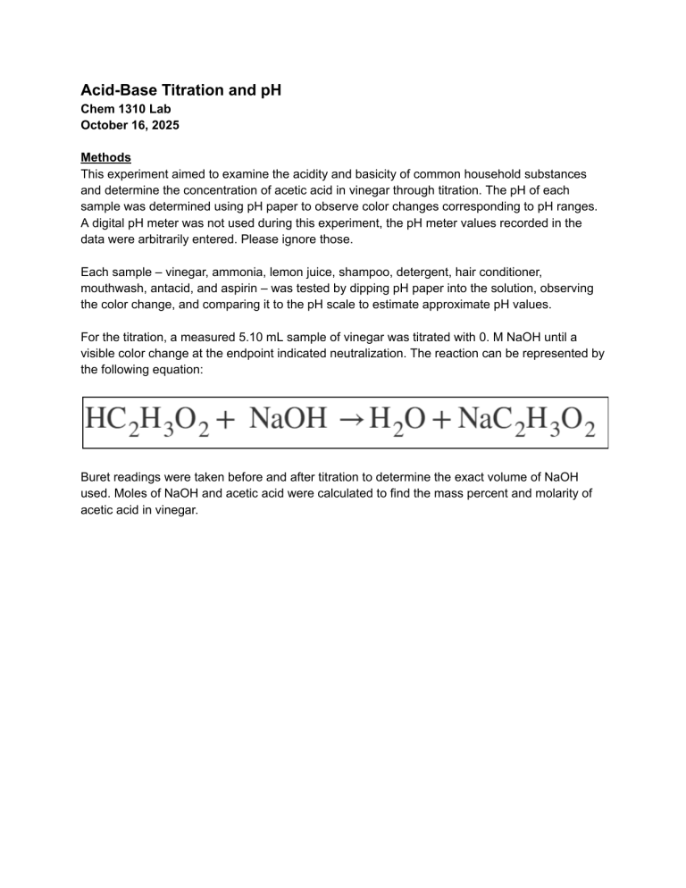 Acid-Base Titration & pH Lab Report: Vinegar Acetic Acid Concentration