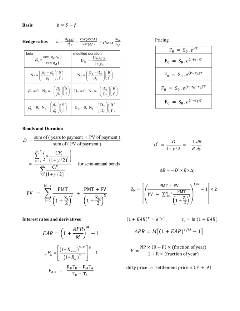 Financial Formulas & Derivatives: Bonds, Options, Hedge Ratios