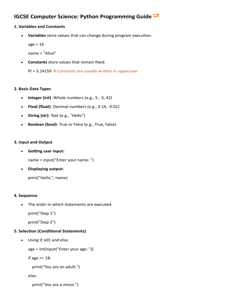 IGCSE Computer Science Python Programming Guide: Key Concepts