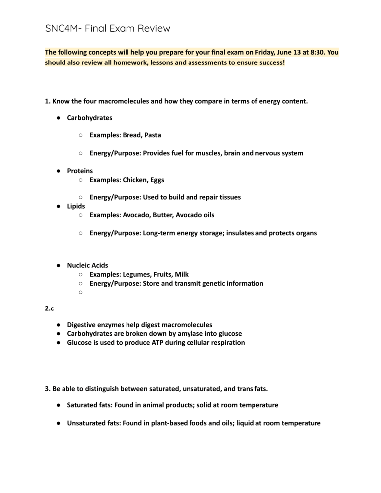 SNC4M Final Exam Review: Biology Concepts & Immune System Study Guide
