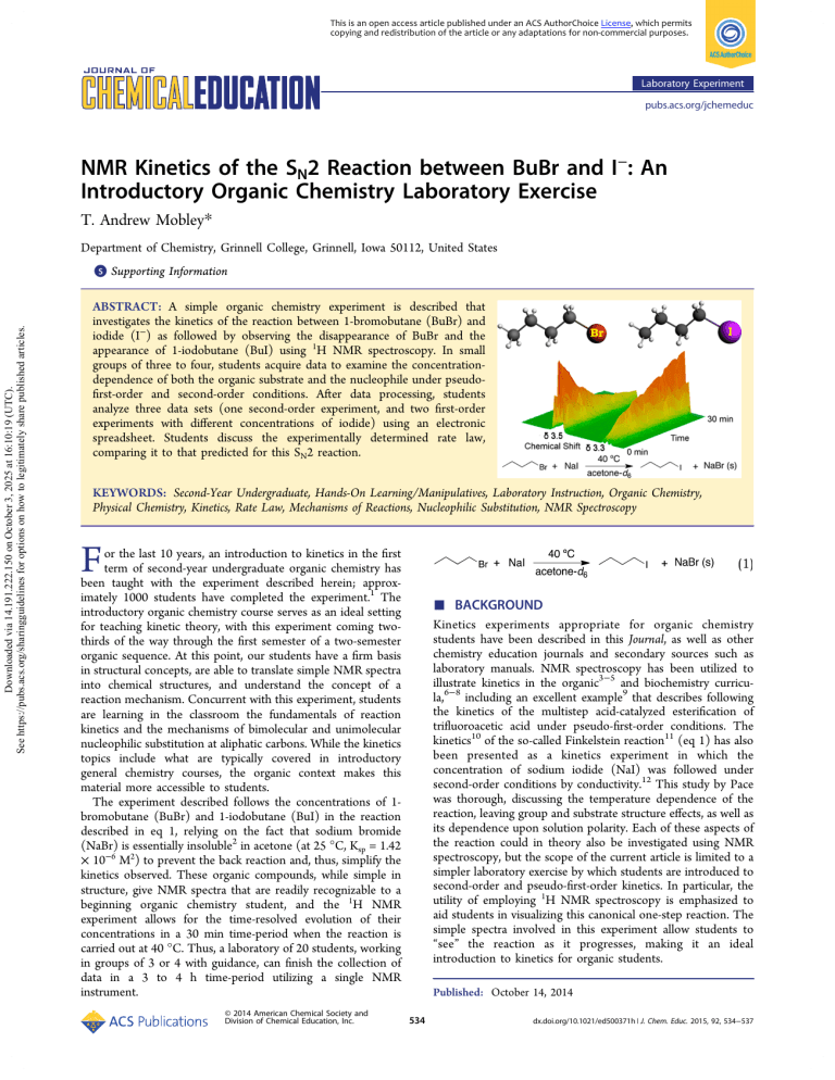 NMR Kinetics of SN2 Reaction: Organic Chemistry Lab Exercise
