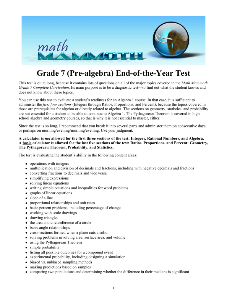 Grade 7 Pre-algebra End-of-Year Test | Math Mammoth Diagnostic Assessment