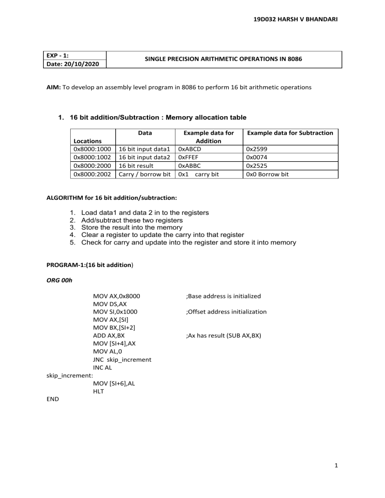 8086 Assembly Language: 16/32-bit Arithmetic, Code Conversion, Sorting