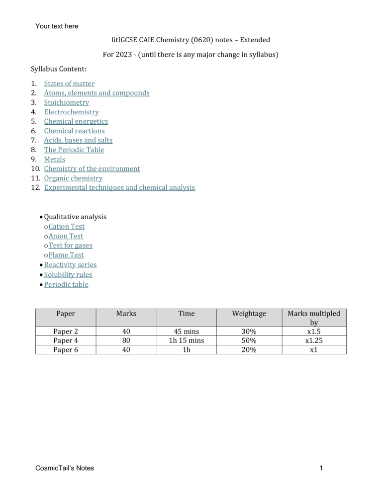 IGCSE CAIE Chemistry (0620) Extended Notes: Syllabus & Exam Guide