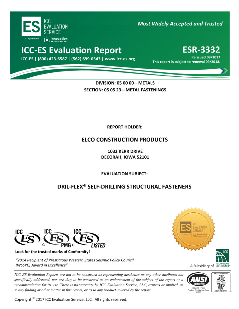 ICC-ES ESR-3332: Dril-Flex Self-Drilling Structural Fasteners Report