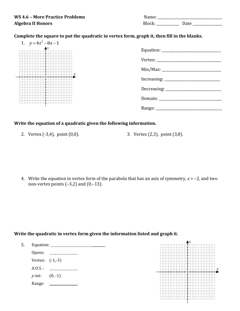 Algebra II Honors Quadratic Functions Worksheet - Practice Problems
