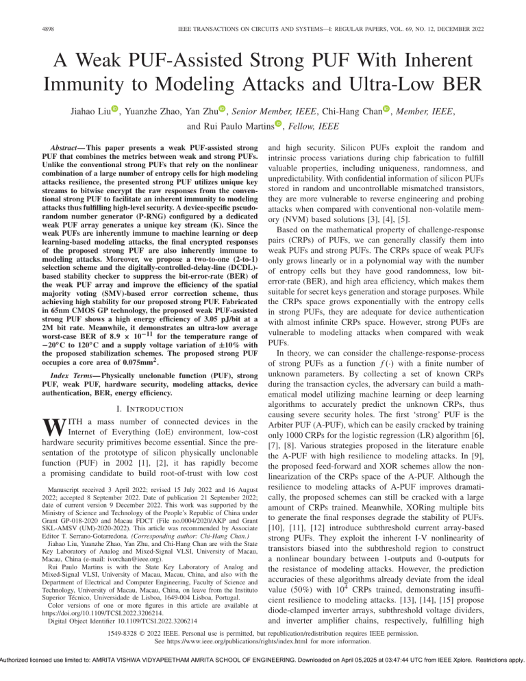 Weak PUF-Assisted Strong PUF: Modeling Attack Immunity & Low BER