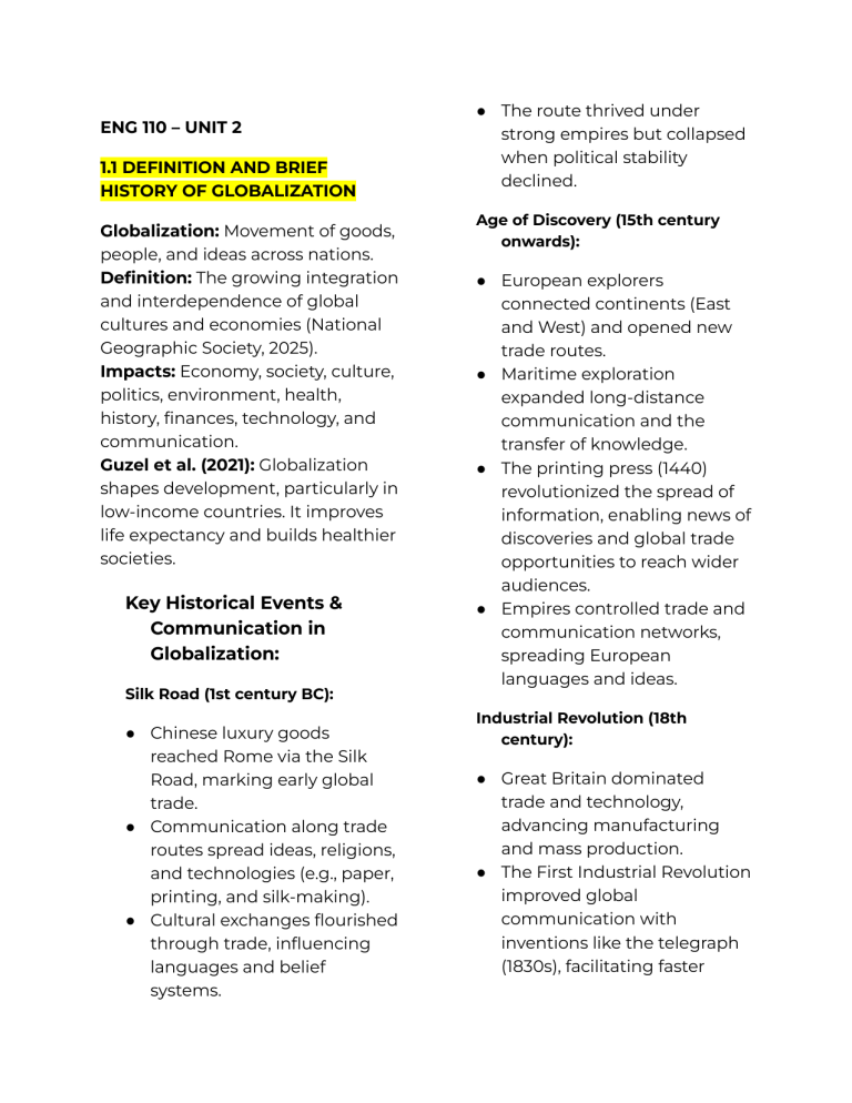 Globalization: History, Impacts, & Global Communication (ENG 110 Unit 2)