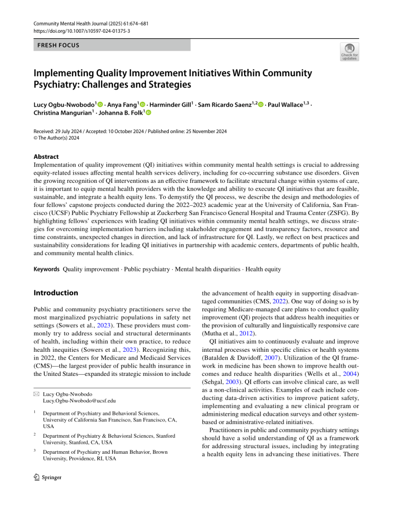 Implementing Quality Improvement in Community Psychiatry: Challenges ...