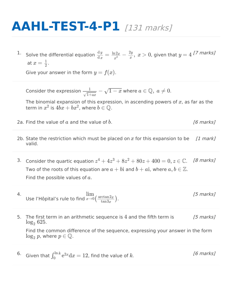 AAHL Mathematics Test 4 P1: Calculus & Complex Numbers Problems