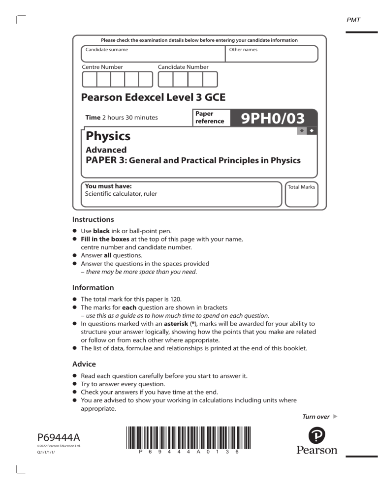Pearson Edexcel GCE Physics Paper 3: General & Practical Principles (2022)
