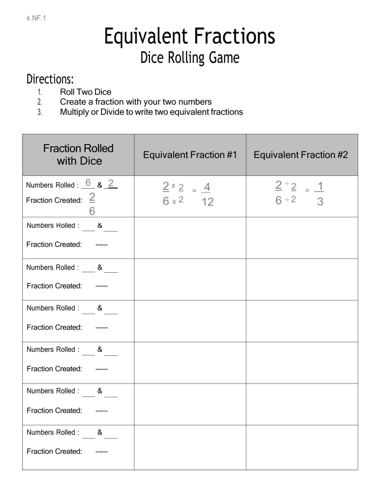 Equivalent Fractions Dice Game Worksheet
