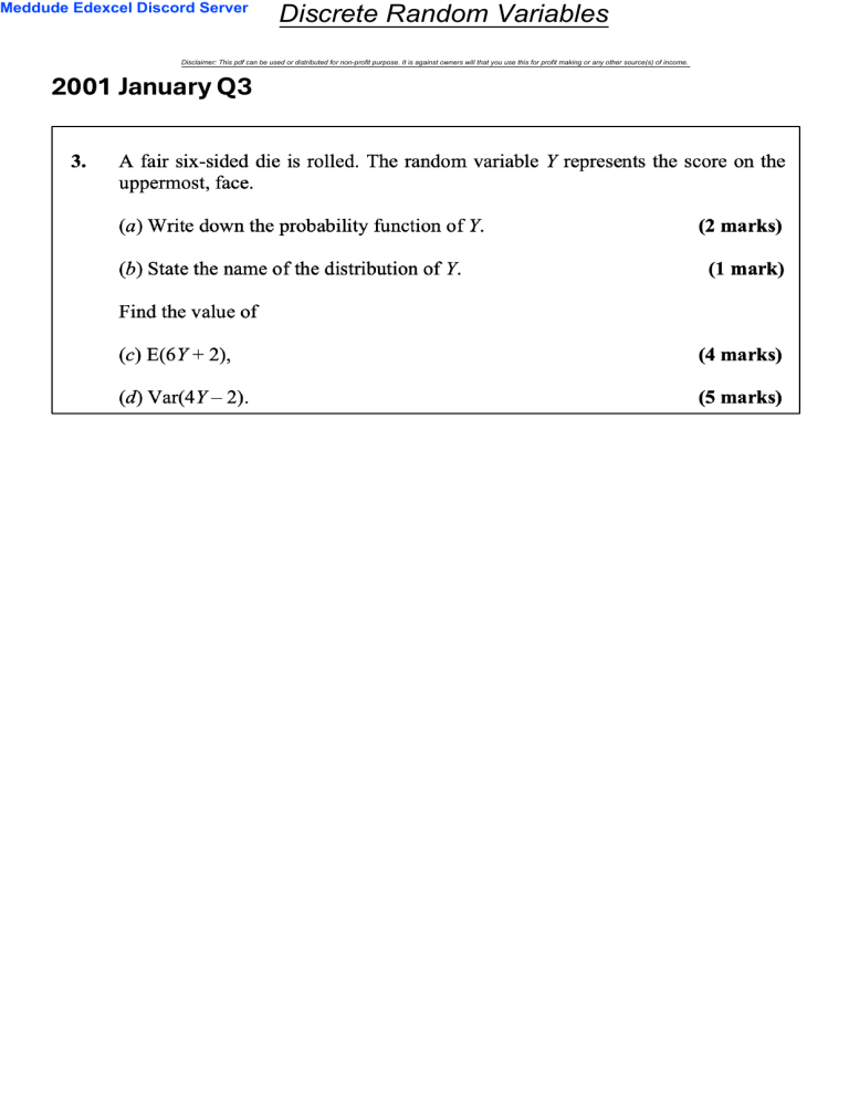 Discrete Random Variables Exam Questions - Edexcel