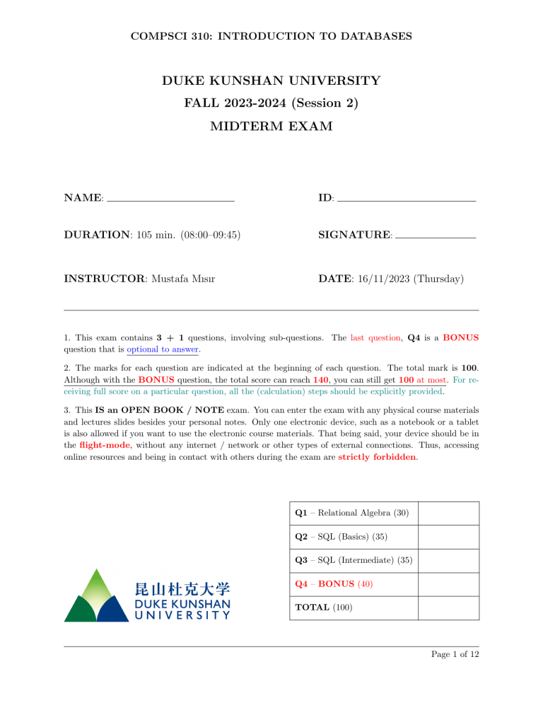 COMPSCI 310 Databases Midterm Exam