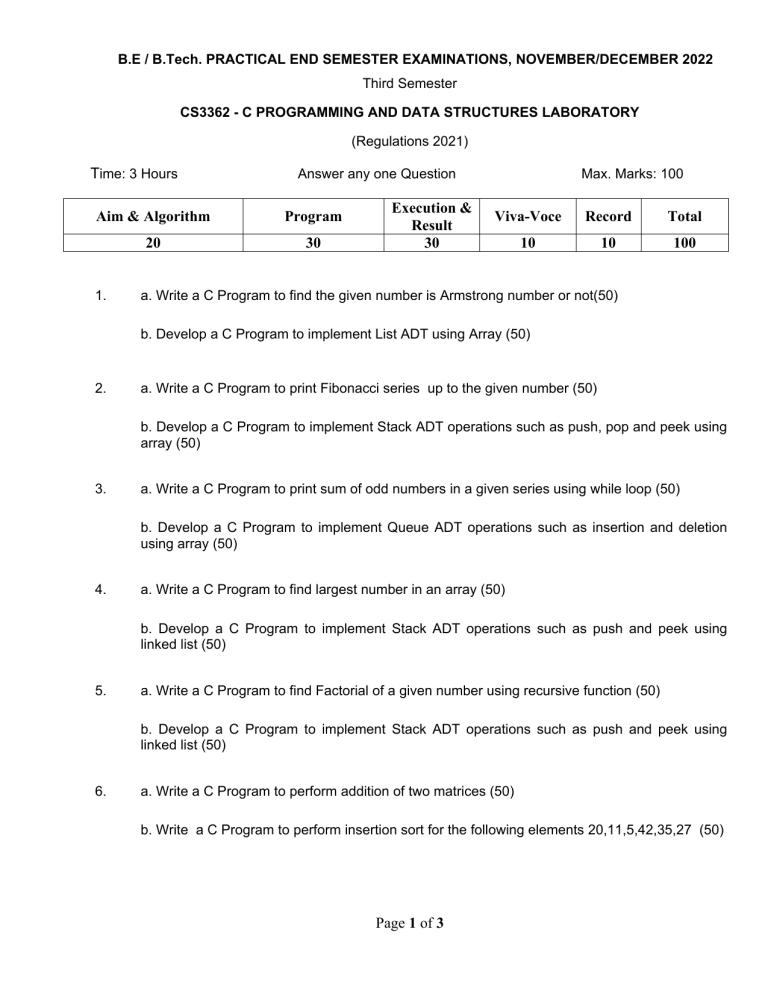 C Programming & Data Structures Lab Exam (CS3362) - Nov/Dec 2022