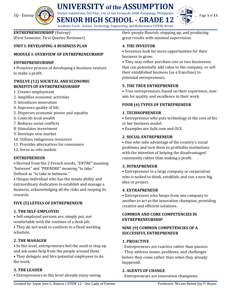 Entrepreneurship Reviewer: SHS Grade 12 - Business Plan & Overview