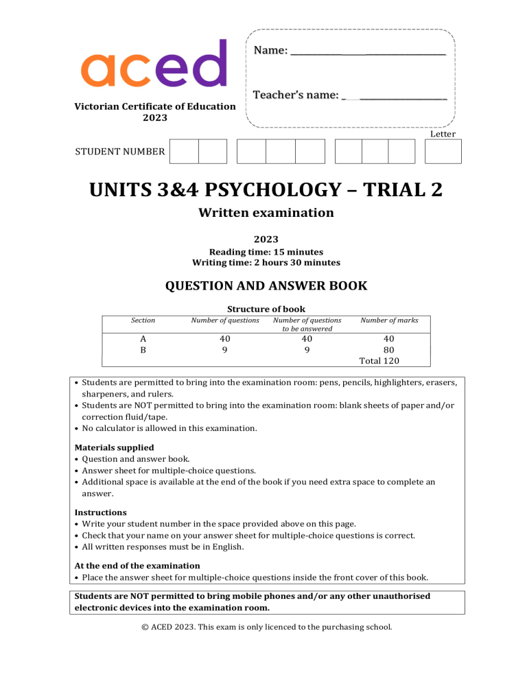 Psychology Exam: Units 3&4 Trial - VCE Practice
