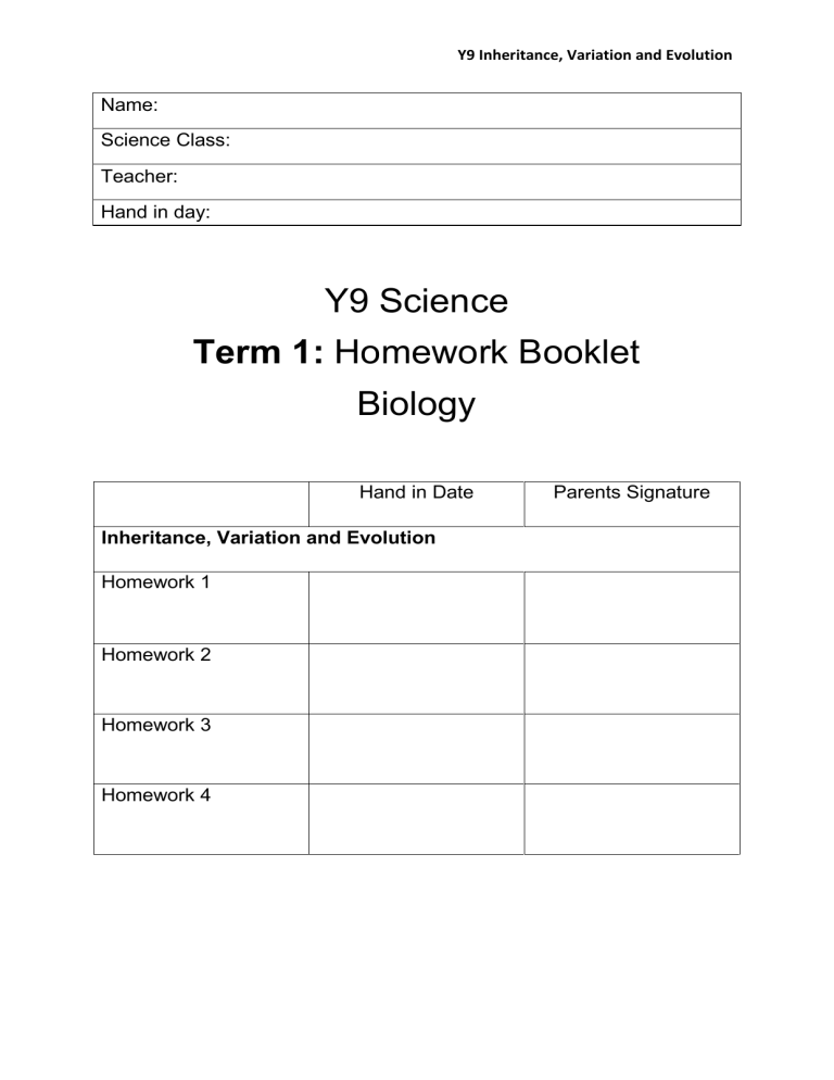 Y9 Biology Homework Booklet: Inheritance, Variation & Evolution