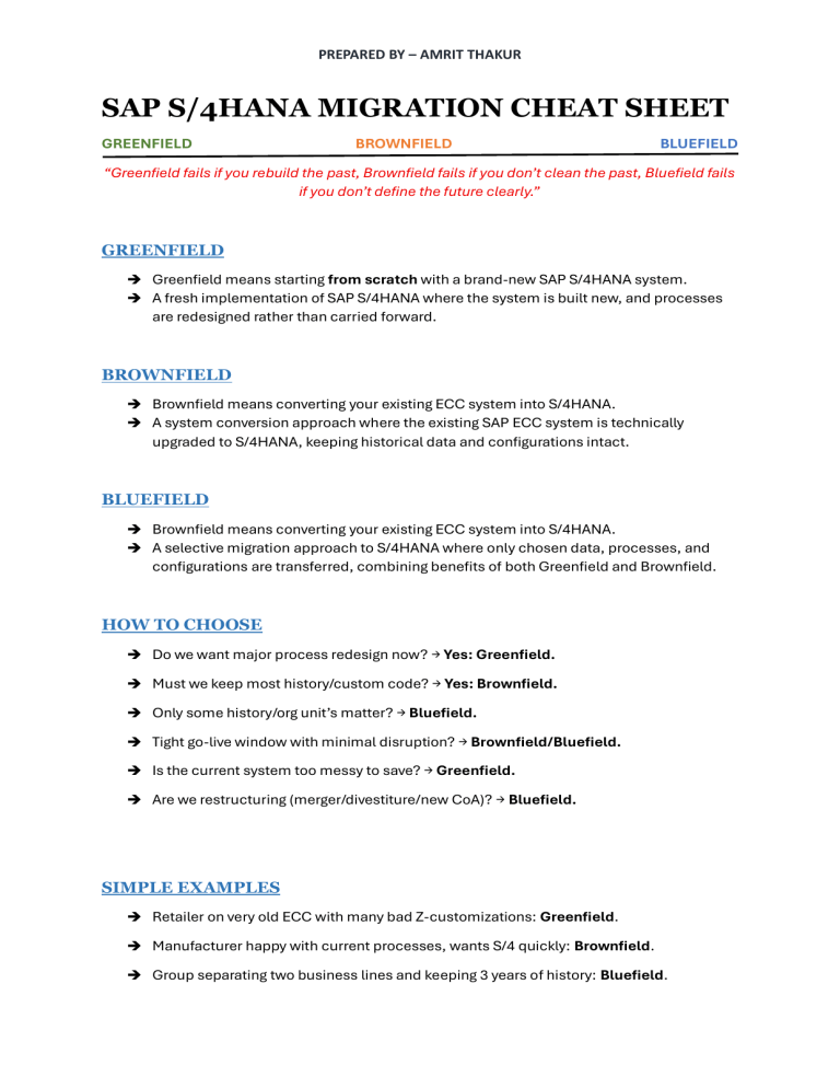 SAP S/4HANA Migration Cheat Sheet: Greenfield, Brownfield, Bluefield Guide
