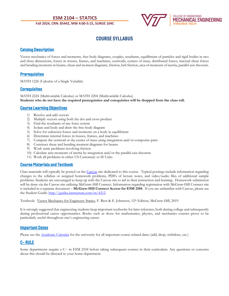 ESM 2104 Statics Course Syllabus - Virginia Tech Fall 2024
