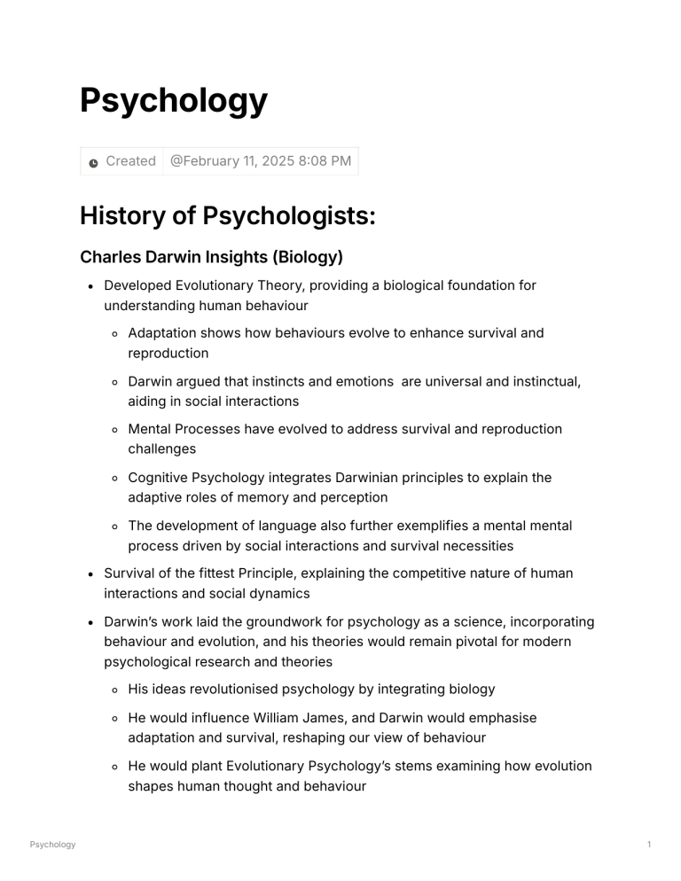 History of Psychology: Darwin, Wundt, Freud, James