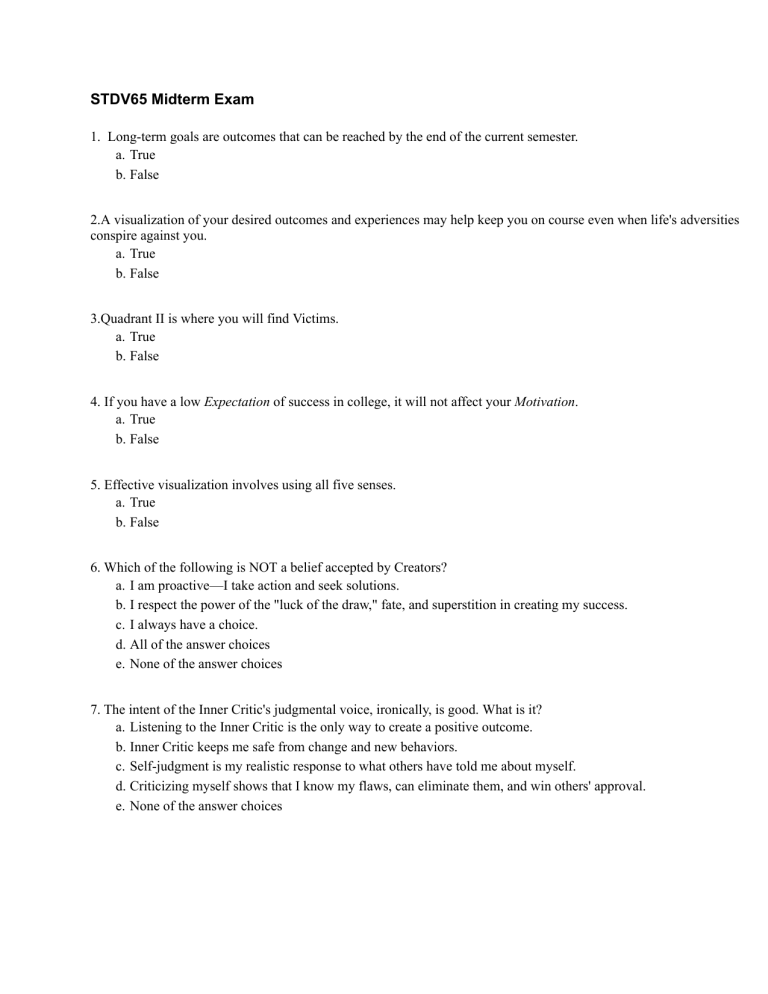 STDV65 Midterm Exam: College Success & Motivation Assessment