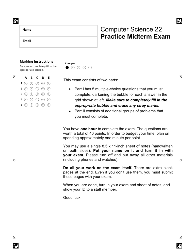 Computer Science 22 Practice Midterm Exam: Data Structures & Algorithms