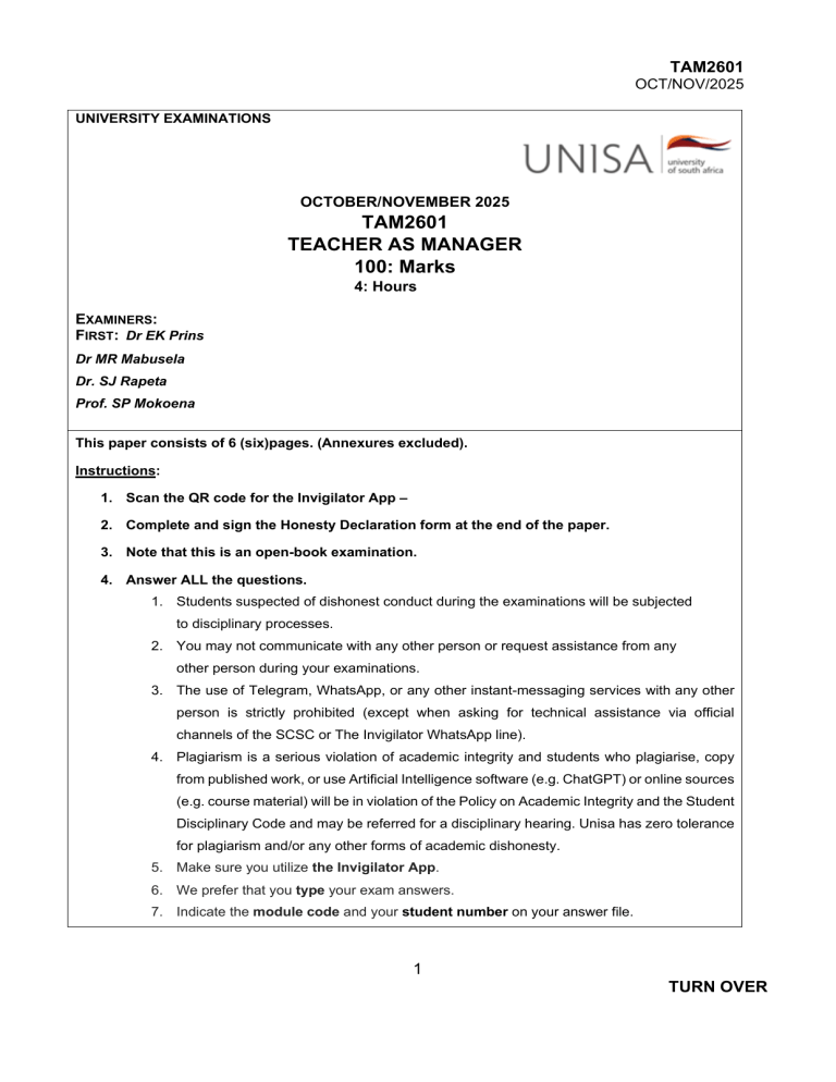 TAM2601 Teacher as Manager Exam Paper - UNISA 2025