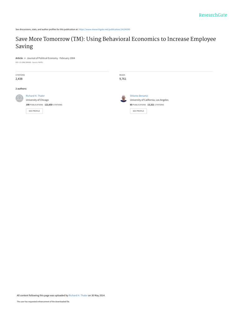 Save More Tomorrow: Behavioral Economics & Employee Saving