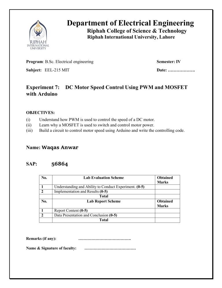 DC Motor Speed Control with PWM & MOSFET using Arduino Lab Report
