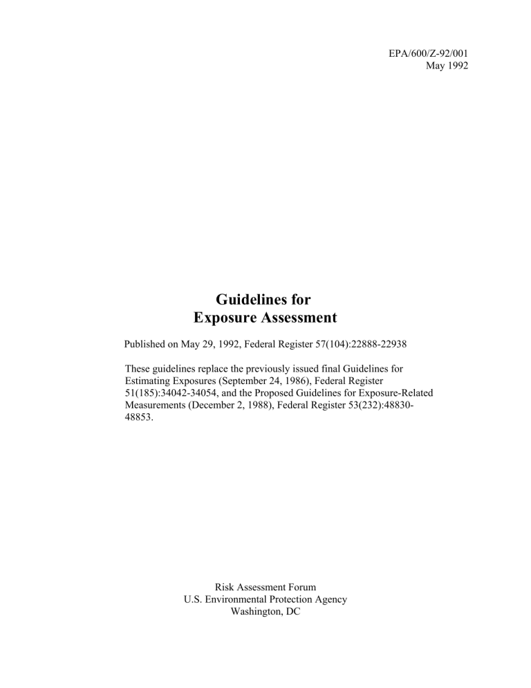 Exposure Assessment Guidelines - EPA, May 1992
