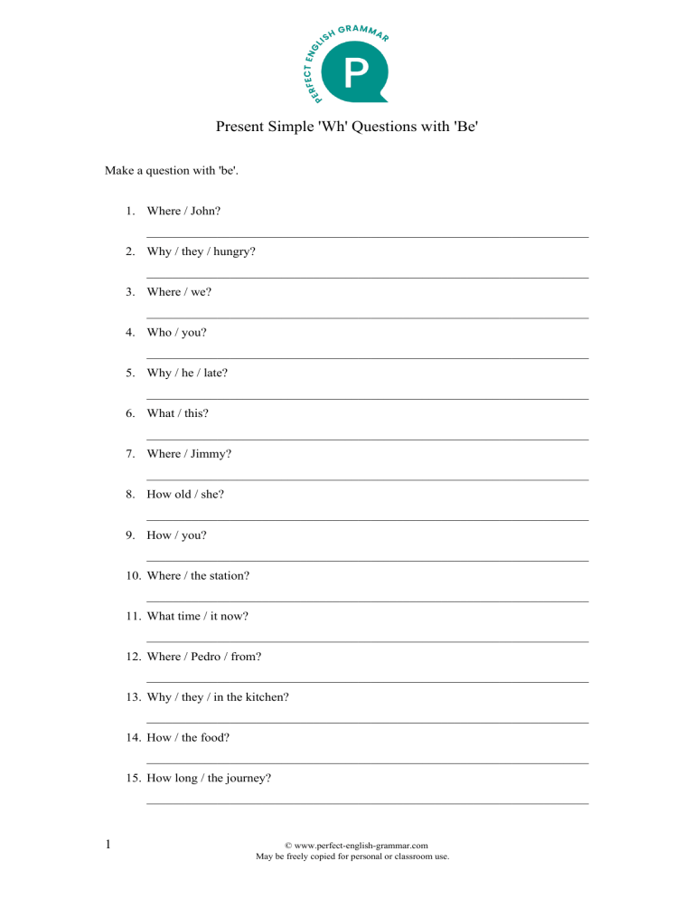 Present Simple 'Wh' Questions with 'Be' - English Grammar Exercise