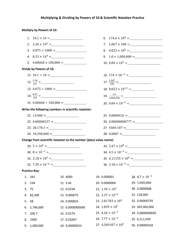 Powers of 10 & Scientific Notation Worksheet