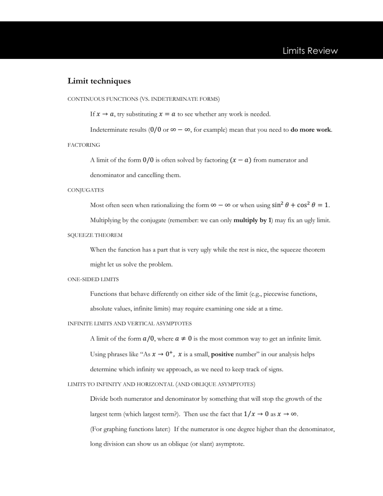 Limits Review: Calculus Techniques & Exercises