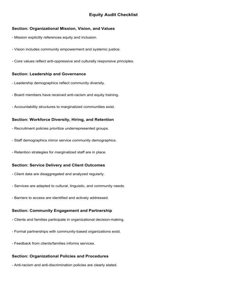 Equity Audit Checklist: Organizational Assessment