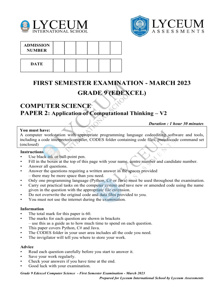 Grade 9 Edexcel Computer Science Exam - Application of Computational ...