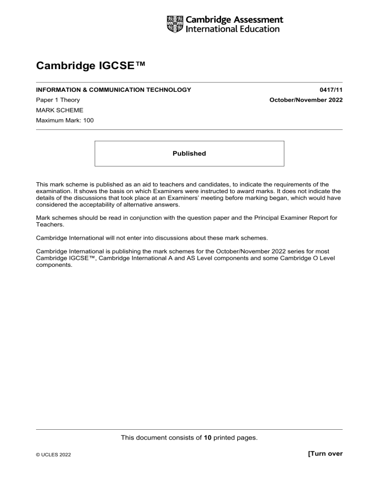 Cambridge IGCSE ICT Theory Paper 1 Mark Scheme