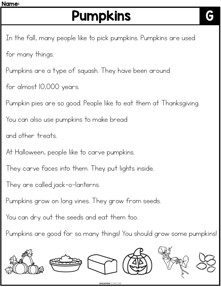 Pumpkin Reading Comprehension Worksheet for Elementary School