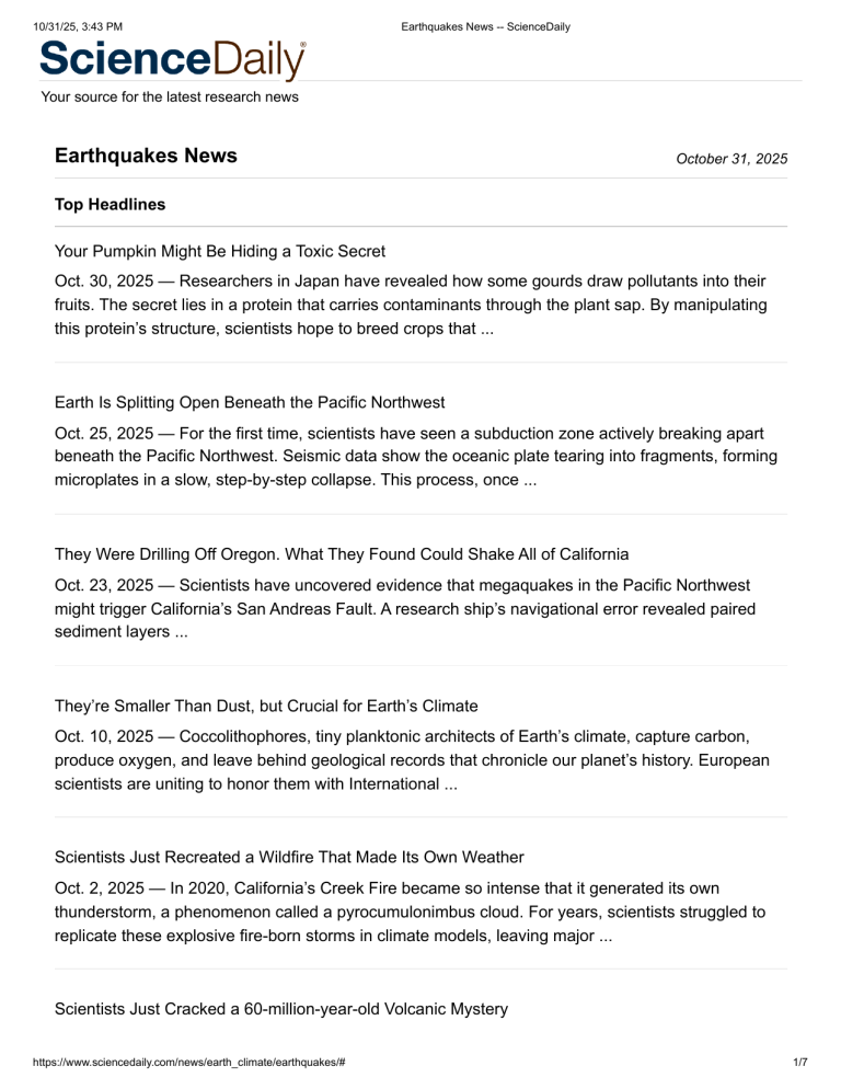 Earthquakes News & Science Discoveries | ScienceDaily Oct 2025