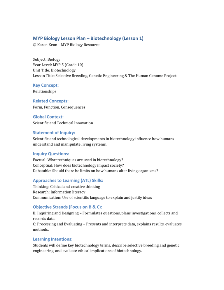 MYP Biology Lesson Plan: Biotechnology - Selective Breeding & Genetic ...