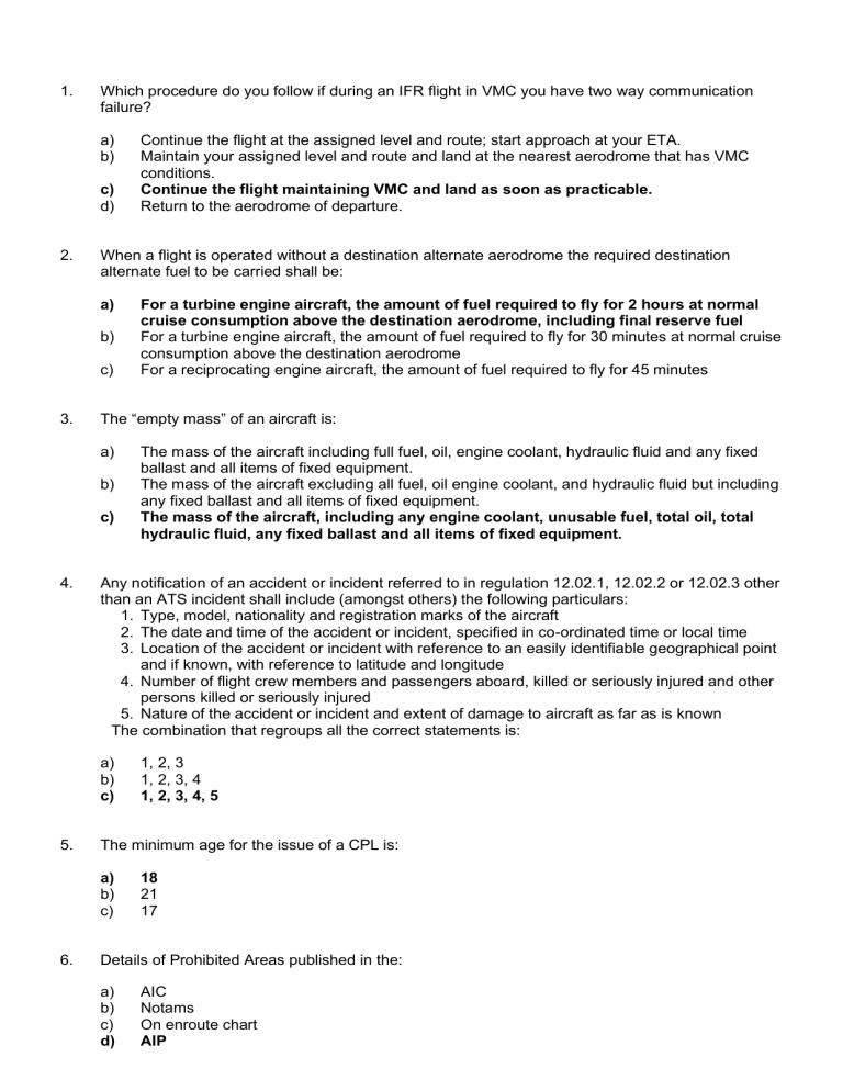 Aviation Regulations & Procedures Exam Questions - IFR, CPL