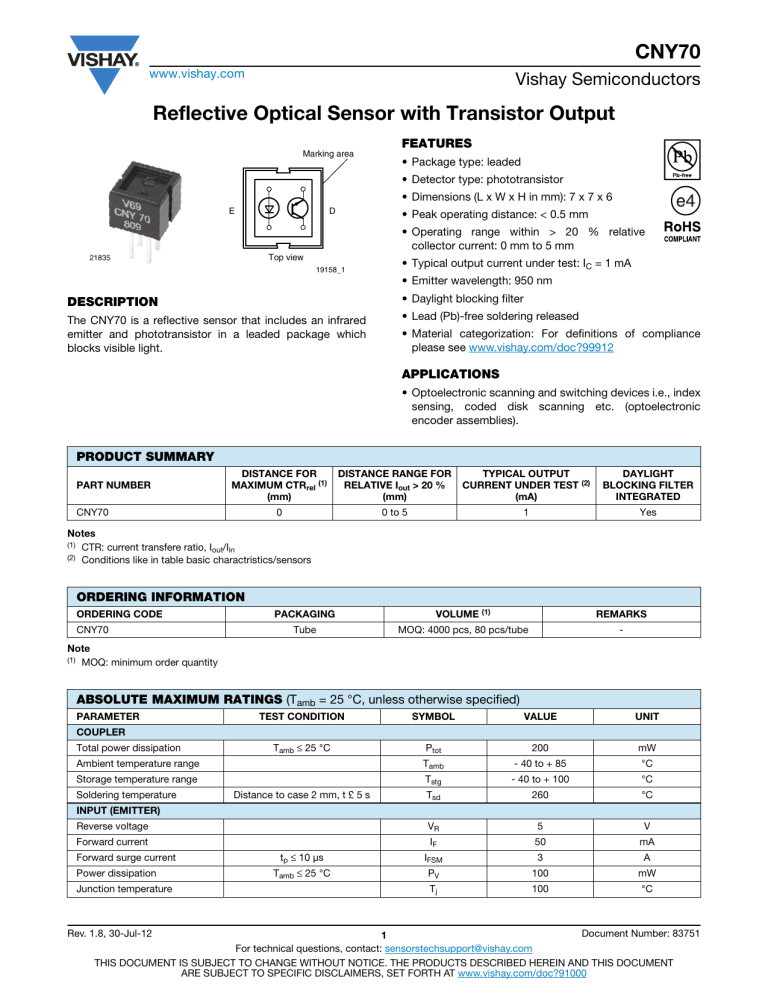 CNY70 Reflective Optical Sensor Datasheet | Vishay Semiconductors