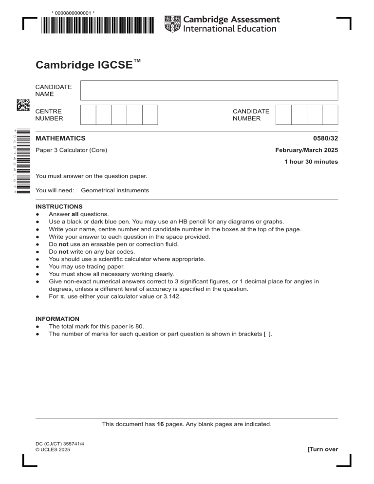 Cambridge IGCSE Mathematics 0580/32 Paper 3 Core Exam 2025
