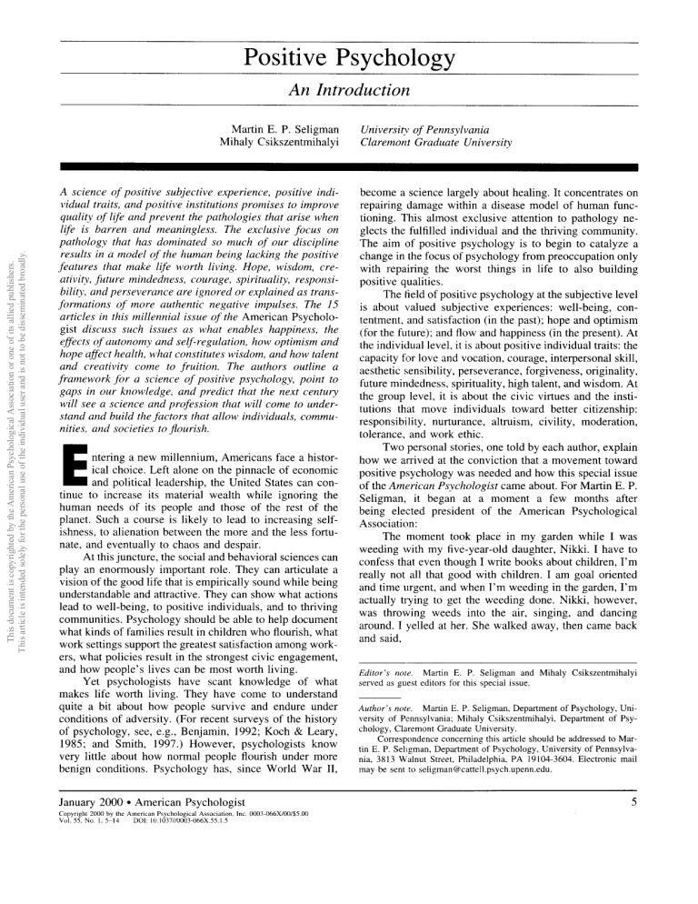 Positive Psychology: An Introduction by Seligman & Csikszentmihalyi