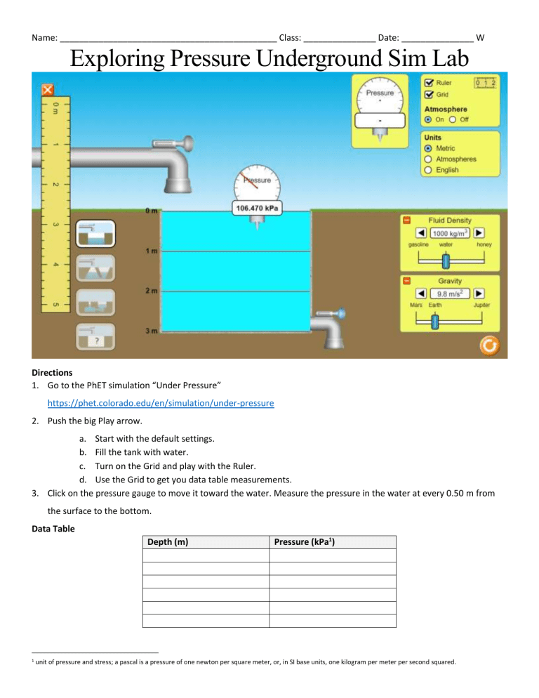 Exploring Pressure Underground Sim Lab: PhET Fluid Pressure Activity