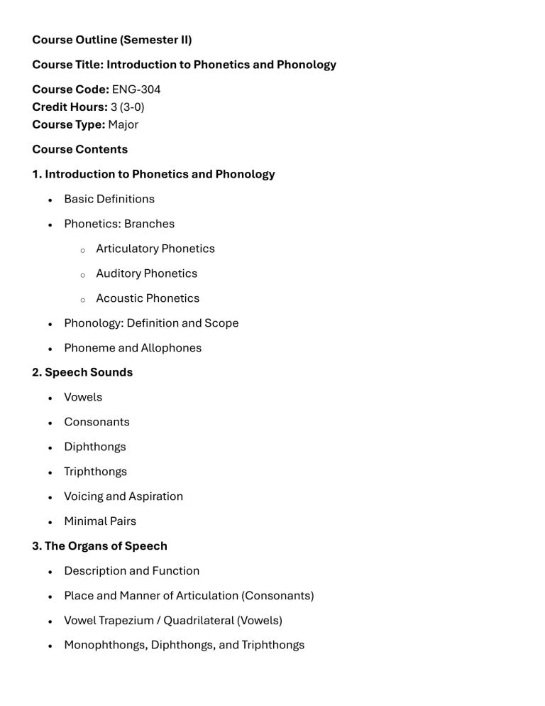 Introduction to Phonetics & Phonology Course Outline & Study Guide